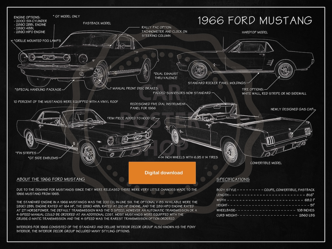 1966 Mustang Blueprint Poster Digital Download High Quality - Etsy