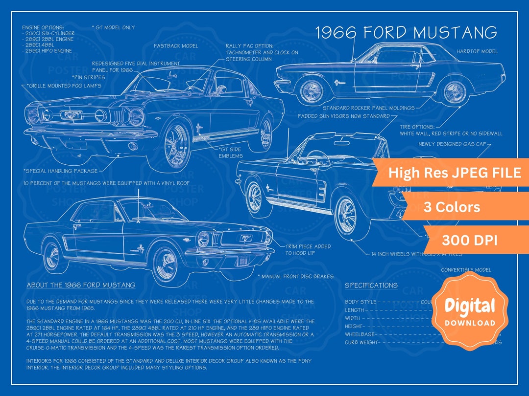 1966 Mustang Blueprint Poster, Digital Download, High Quality JPEG - Etsy