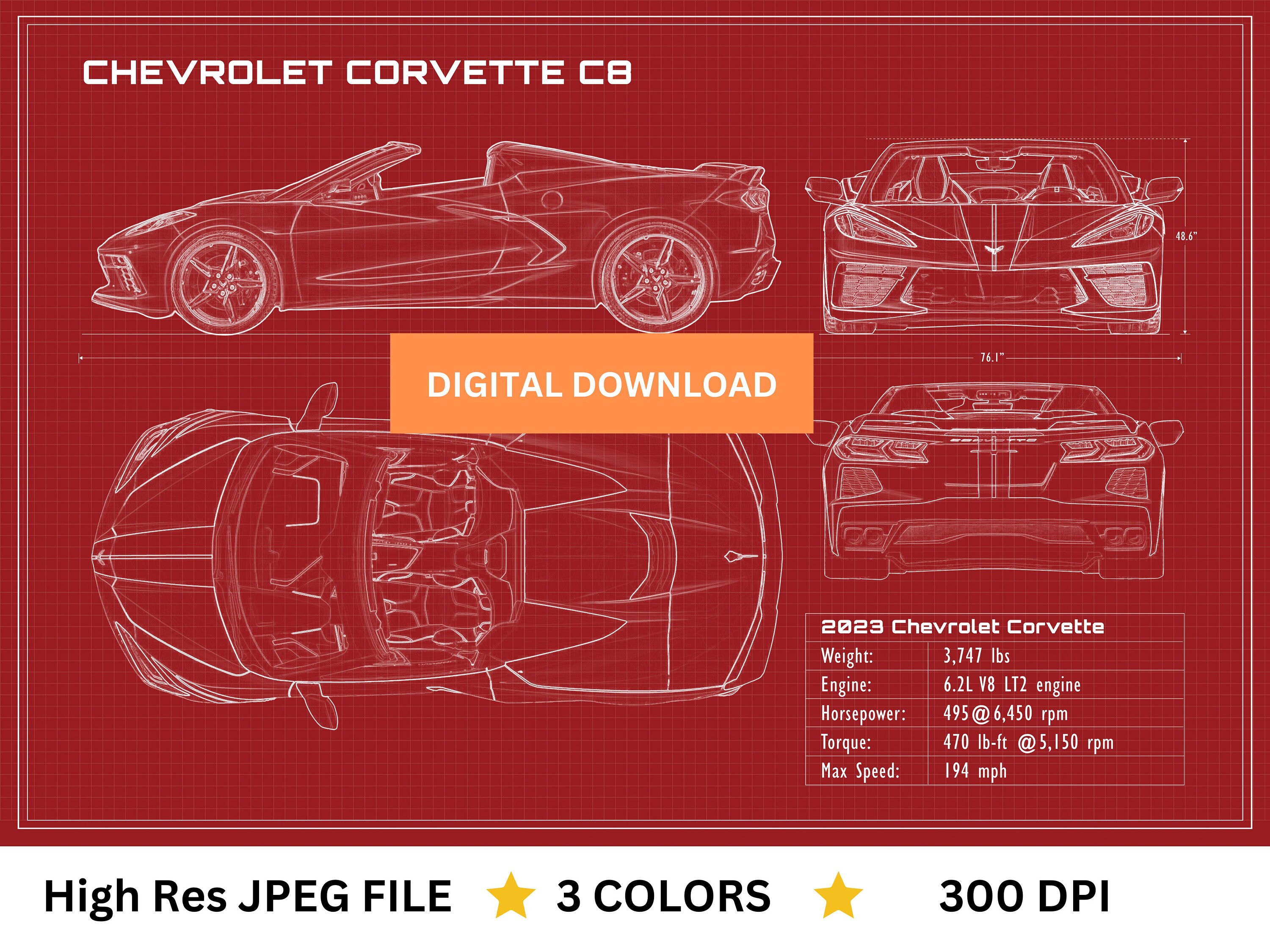 2023 Corvette C8 Blueprint Poster, High Quality JPEG, Gift for Him ...