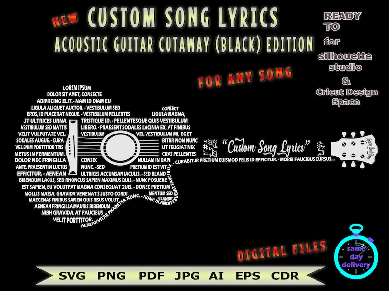 Custom Song Lyrics Acoustic Guitar Cutaway Black Edition, for Any Songs ...