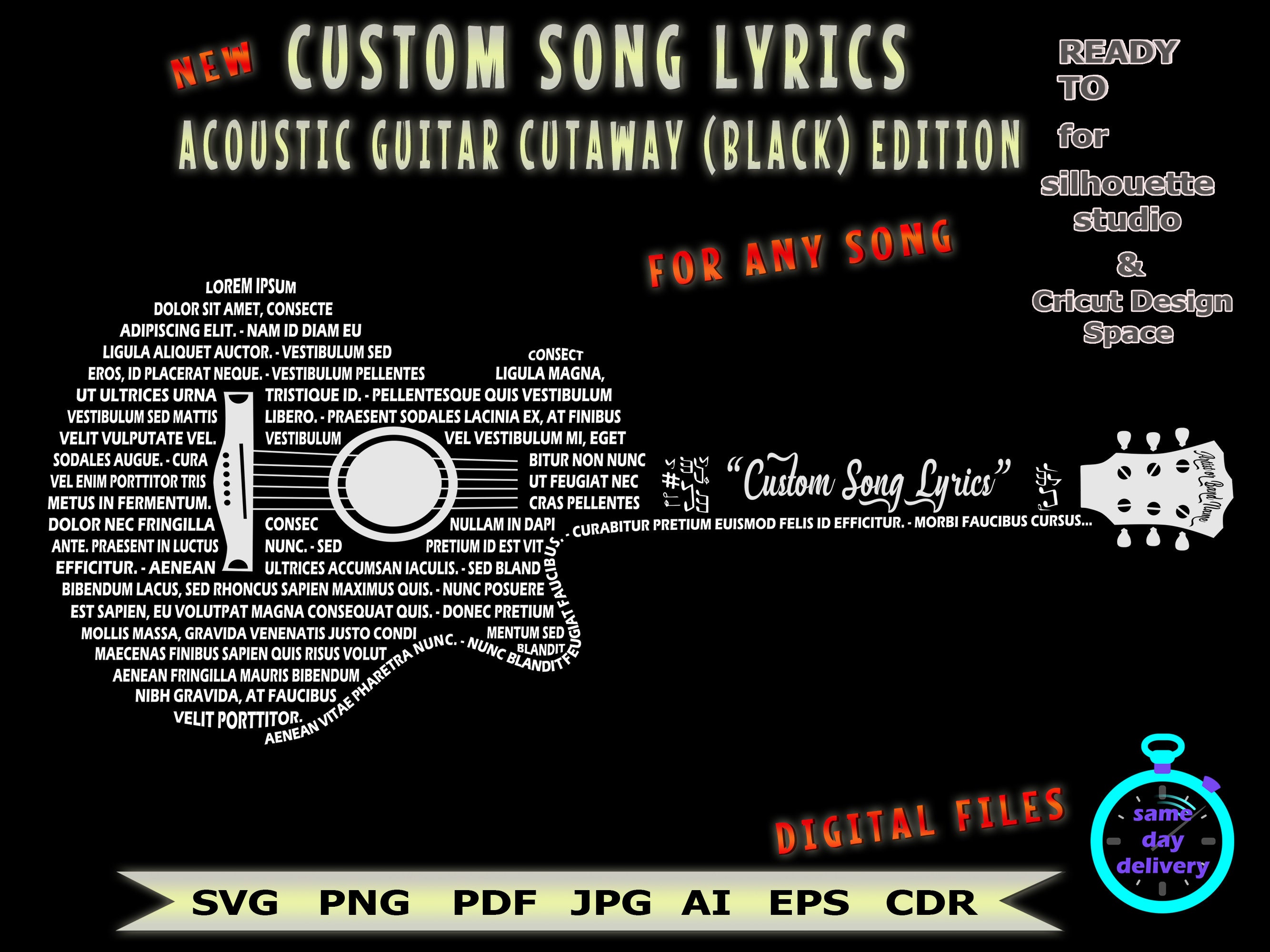 Custom Song Lyrics Acoustic Guitar Cutaway Black Edition, for Any Songs ...