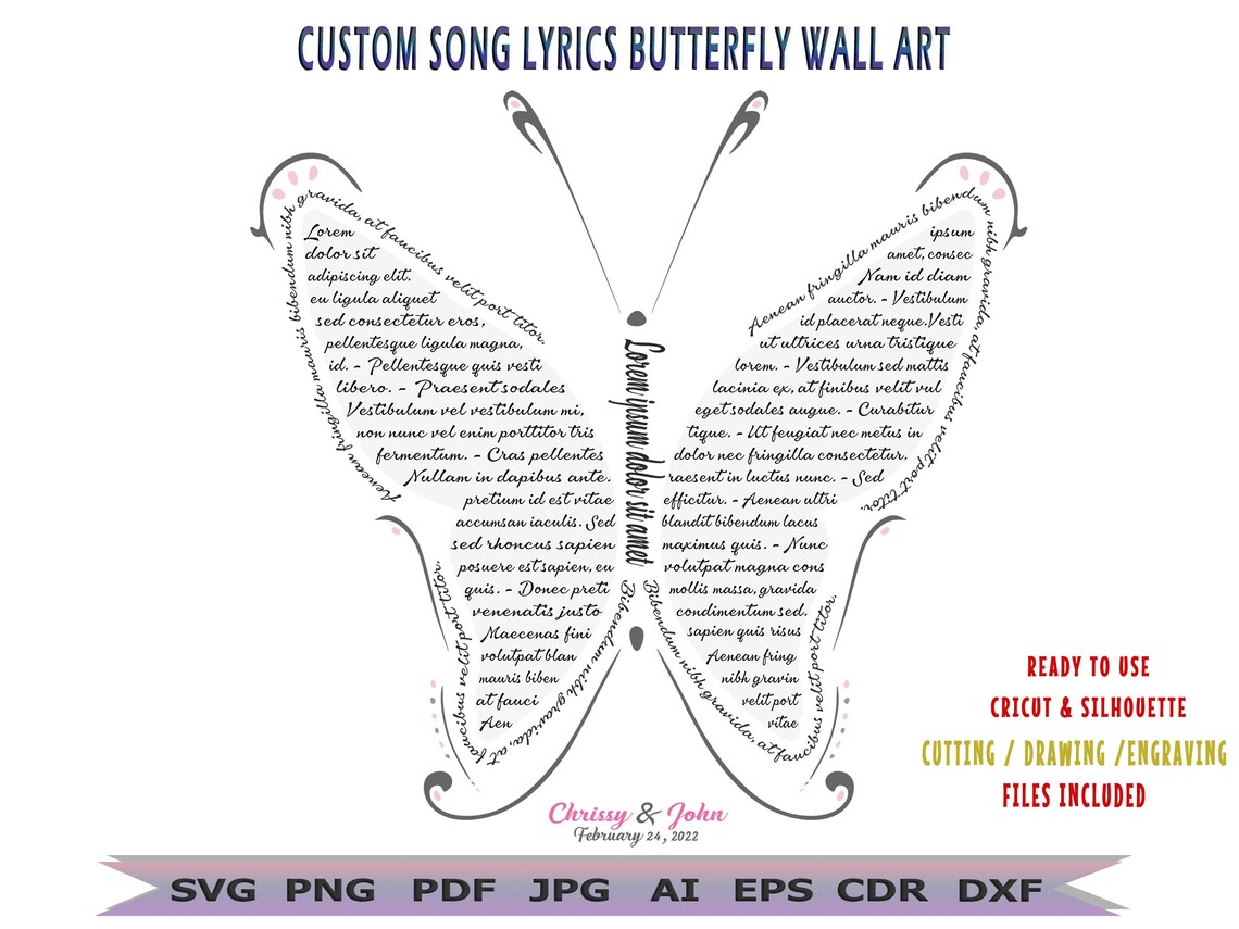 Butterfly Custom Song Lyrics SVG Personalized Wall Art for Anniversary ...
