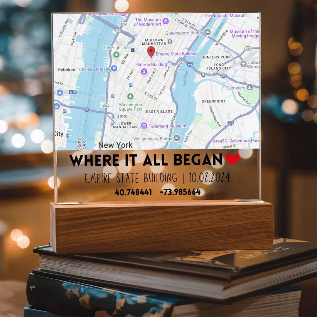 Custom Location Map Acrylic Plaque With LED Base, Personalized Date and ...
