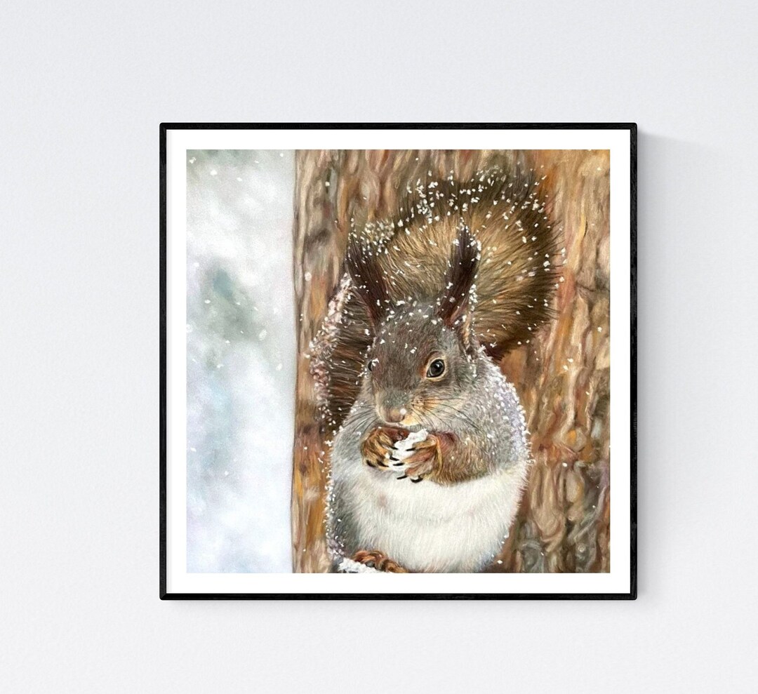 Squirrel Art - Squirrel Art Print - Squirrel Print - Squirrel in Winter - Squirrel in Tree ...