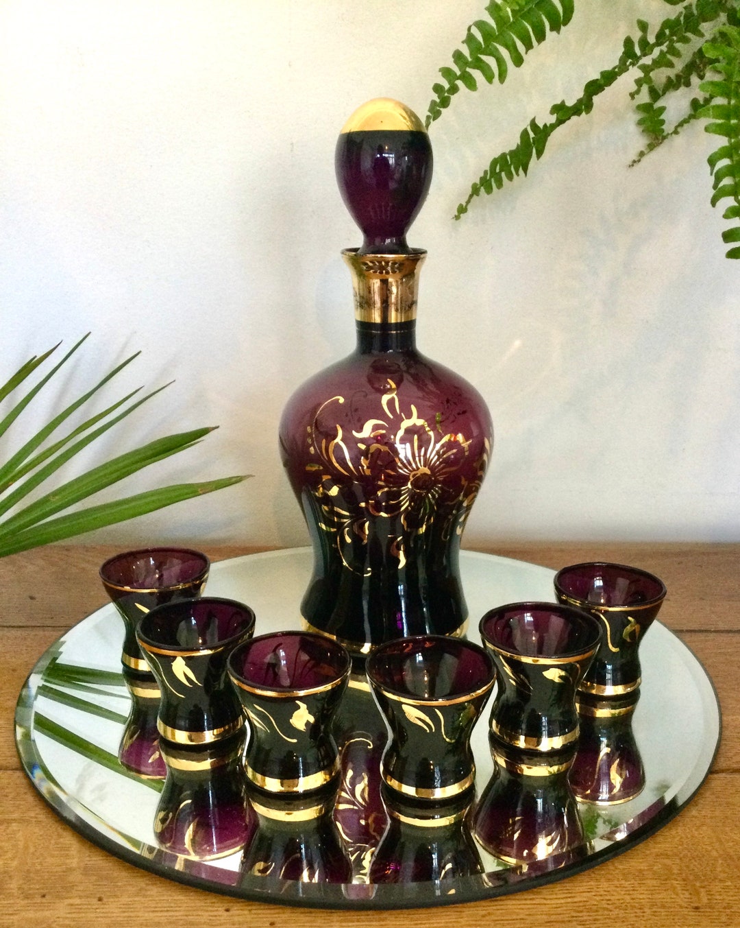 Beautiful Vintage Purple Glass Decanter With Gilt Decorative Design ...