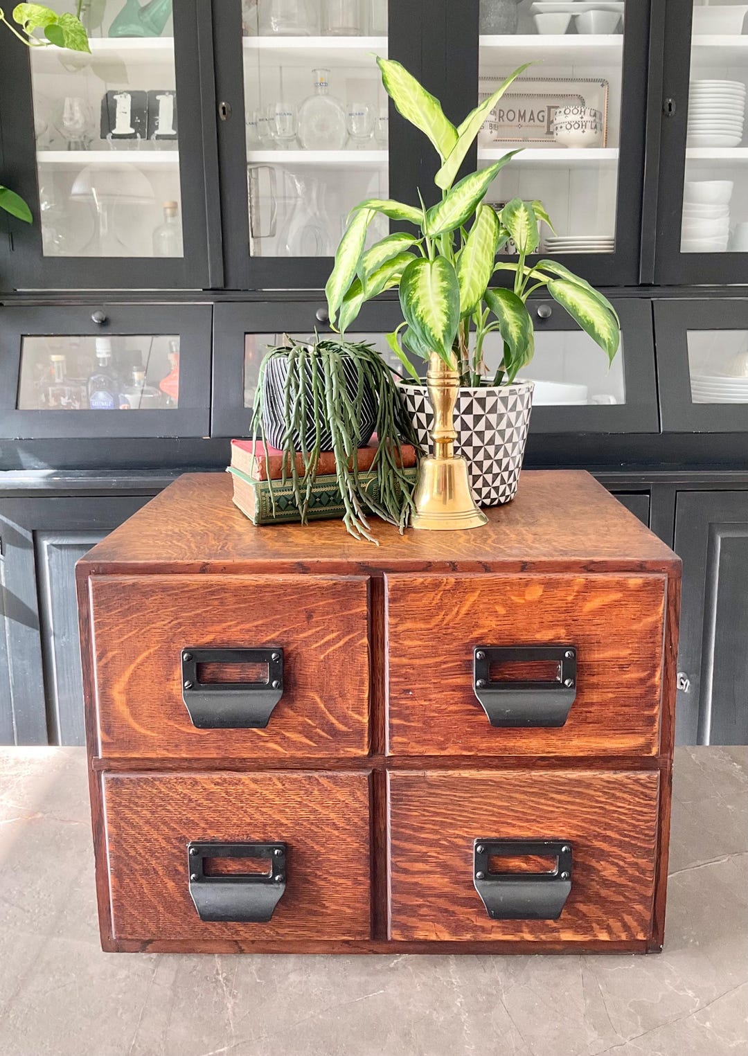 Antique Oak Wood 4 Drawer Card Index Cabinet With Black Metal Pull ...