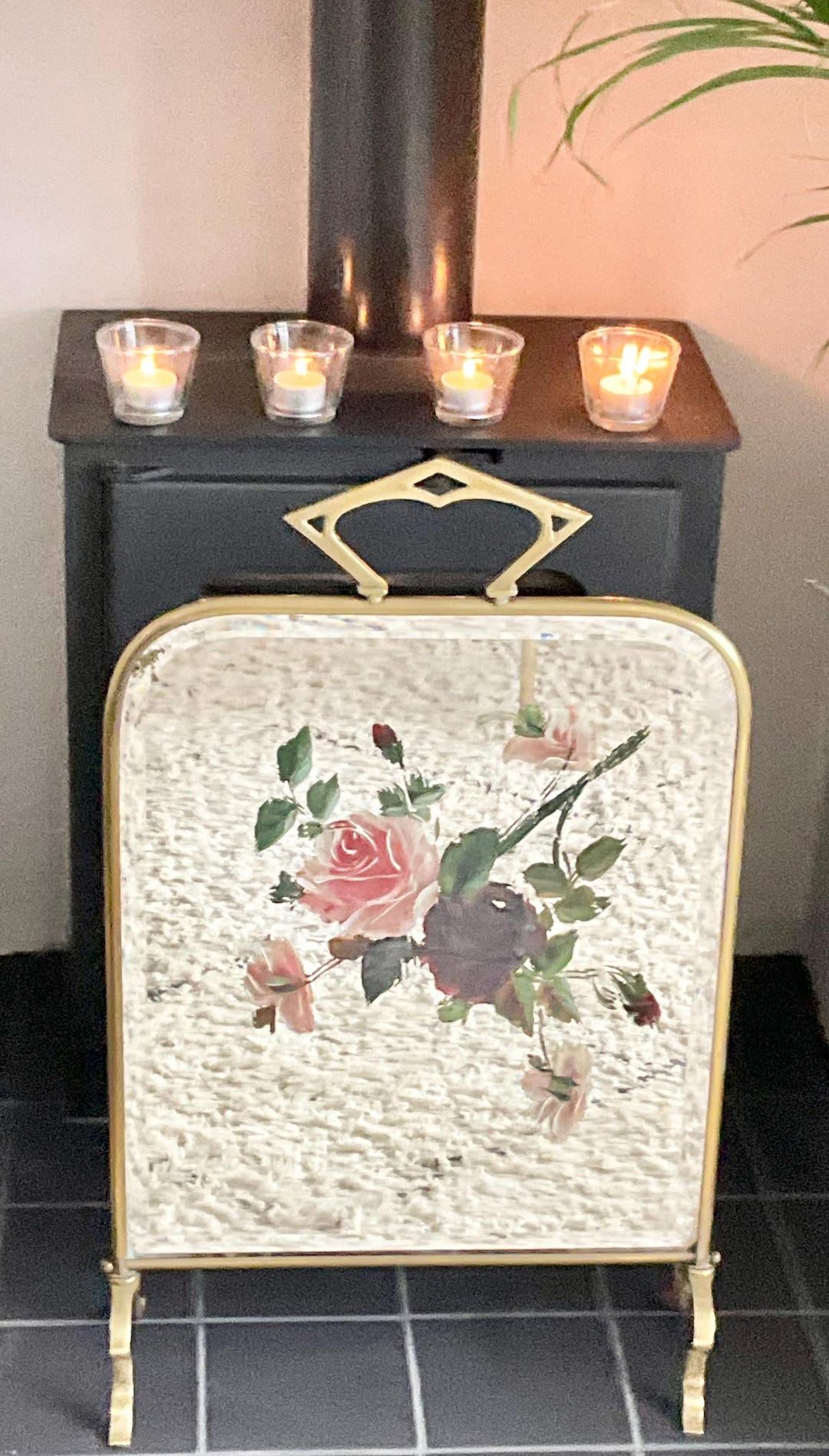 Antique Brass Fireplace Screen, Mirrored With Floral Design, Early ...