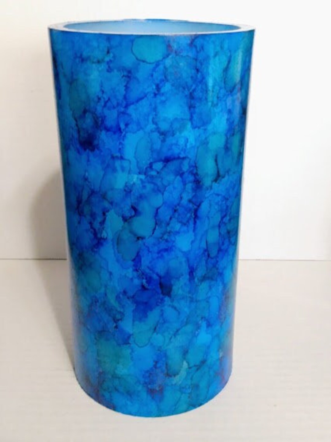 Wax 4" X 8" LED Candle. Hand Painted With Alcohol Ink in Shades of Blue ...