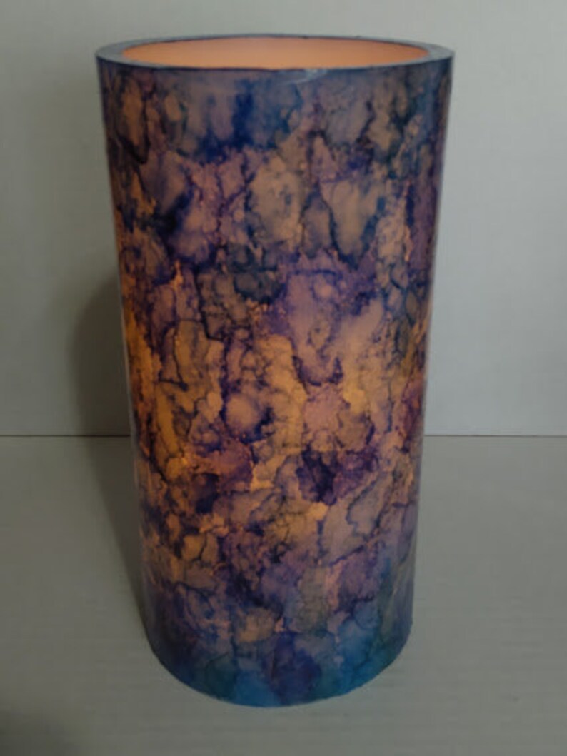 Wax 4" X 8" LED Candle. Hand Painted With Alcohol Ink in Shades of Blue ...