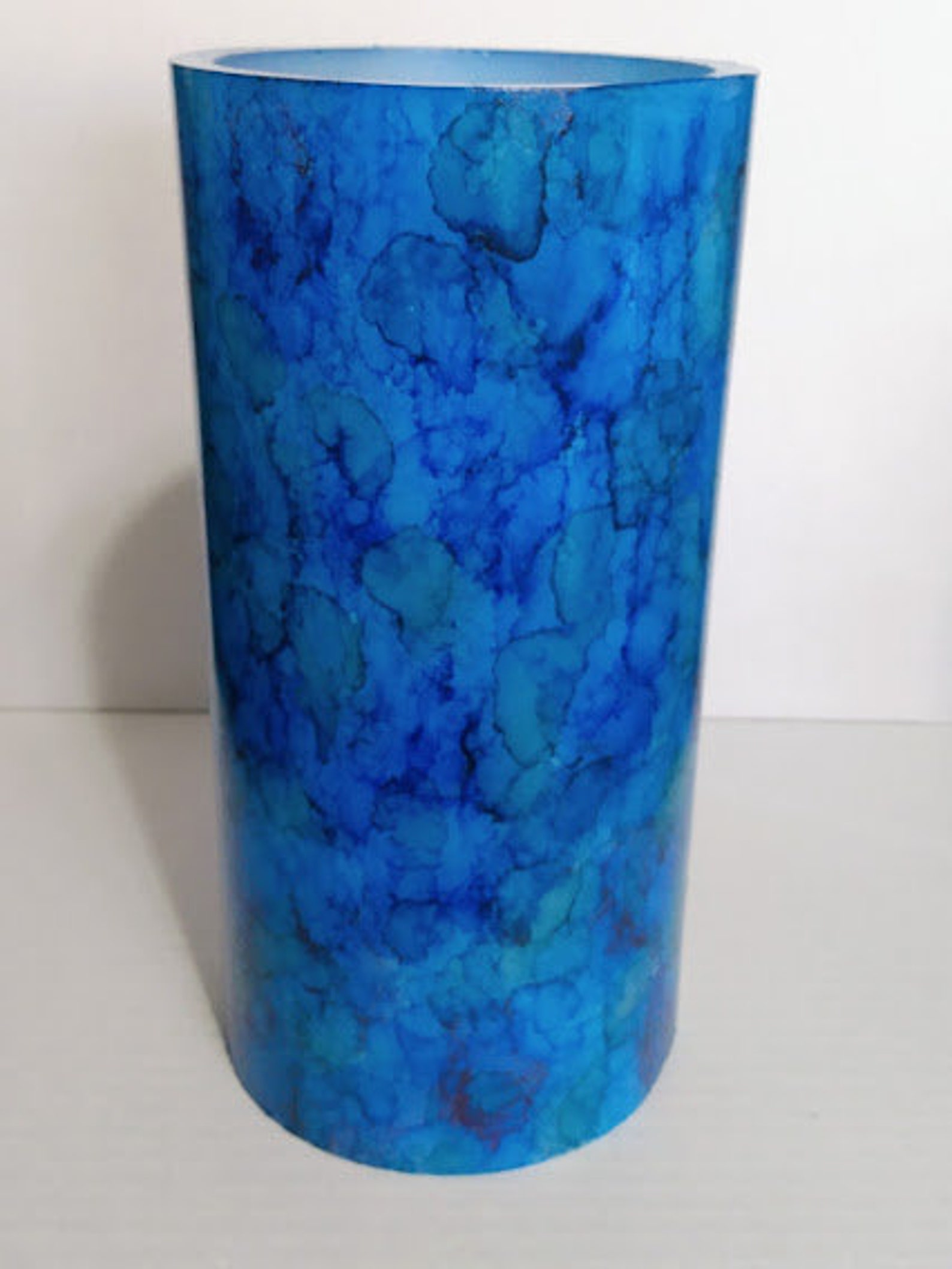 Wax 4" X 8" LED Candle. Hand Painted With Alcohol Ink in Shades of Blue ...