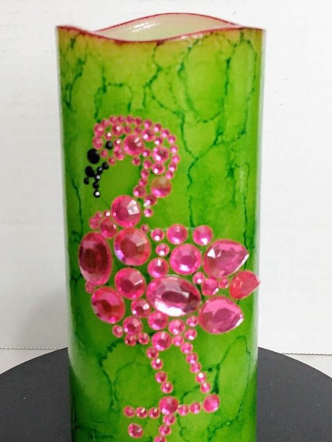 Decorative Bright Lime Green LED Candle Adorned With a Jeweled Flamingo ...