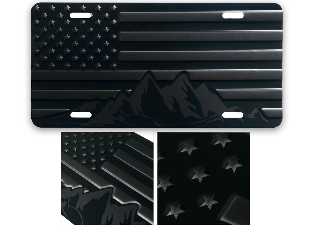 Blackout American Flag Patriotic License Plate With Mountains. Black on ...