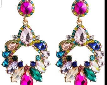 Multi Colored Rhinestone Earrings | Etsy