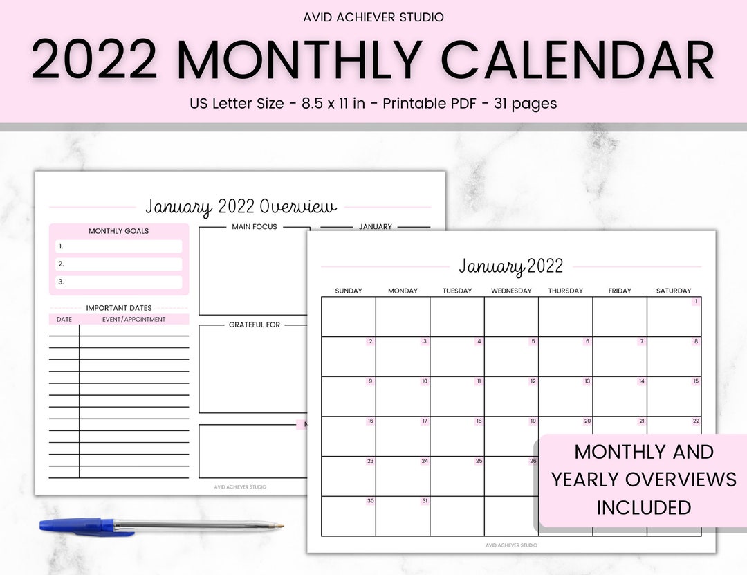 2022 Calendar Printable, Monthly Calendar Landscape, Monthly Overview ...