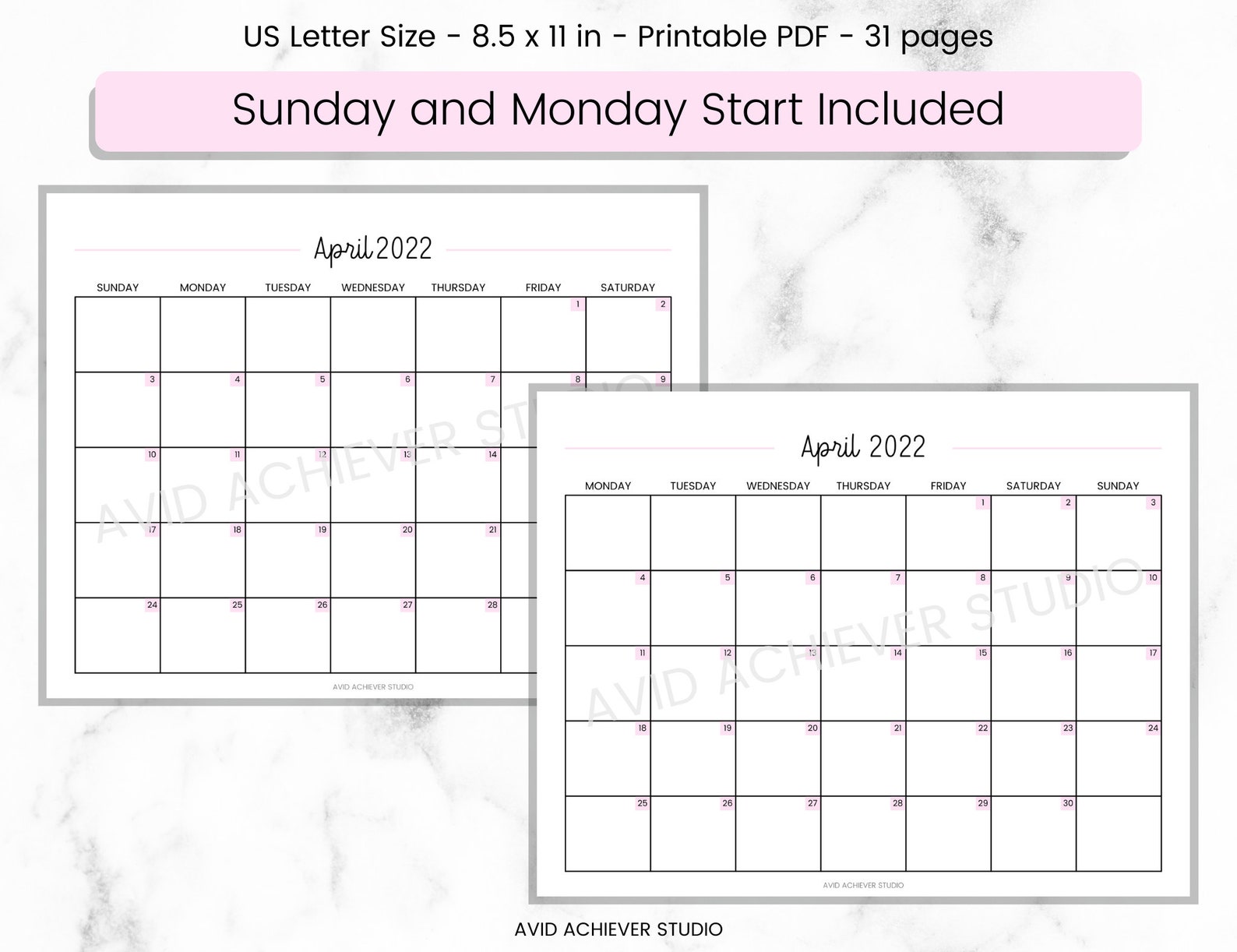 2022 Calendar Printable, Monthly Calendar Landscape, Monthly Overview ...