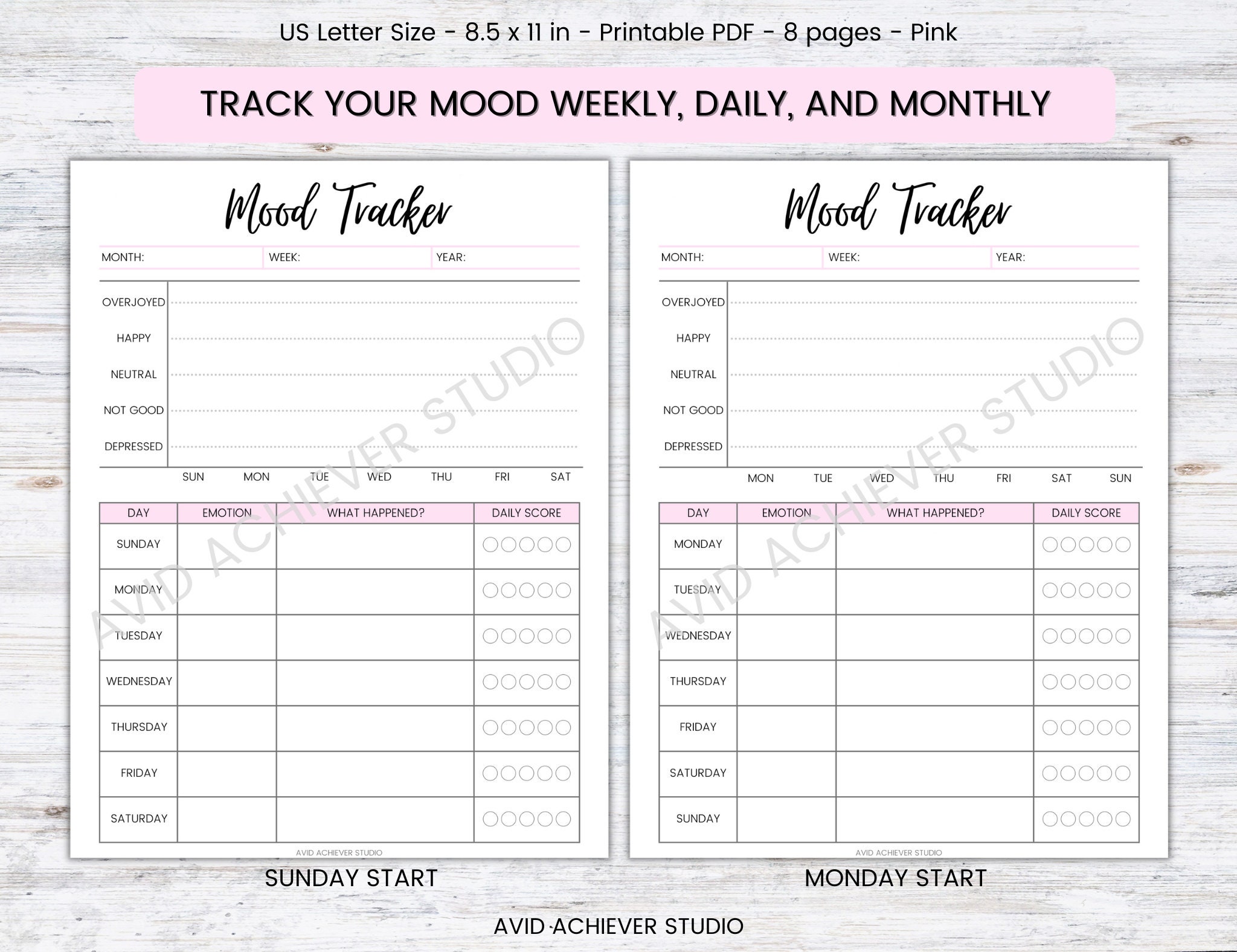 Daily Mood Tracker Printable PDF Planner Mental Health Self-care ...