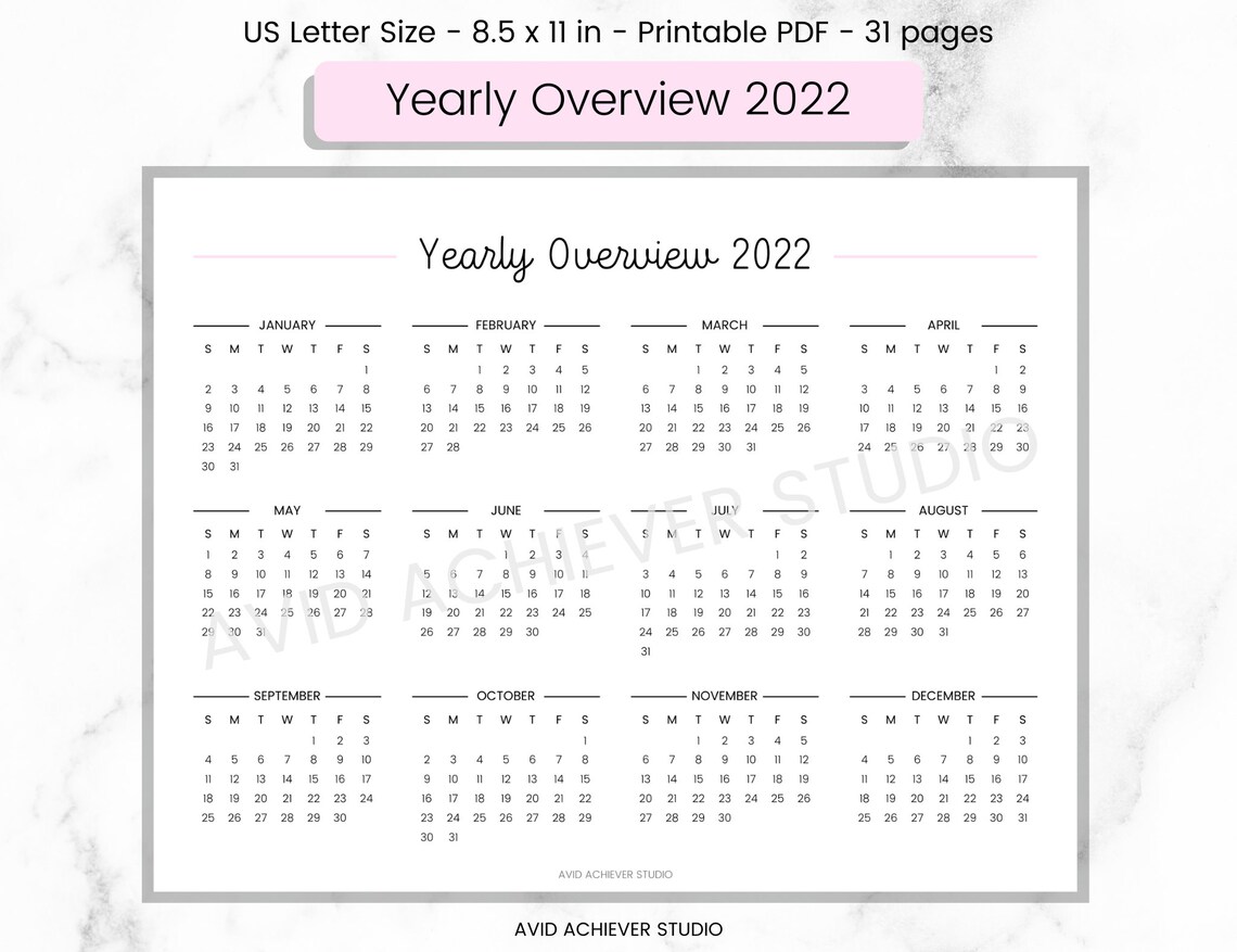 2022 Calendar Printable, Monthly Calendar Landscape, Monthly Overview ...