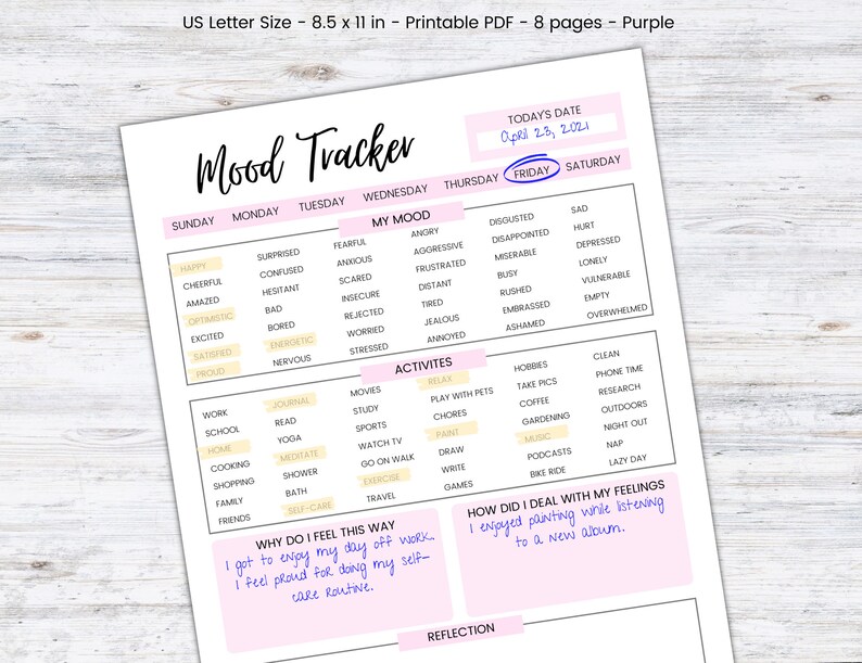 Daily Mood Tracker Printable PDF Planner Mental Health Self-care ...