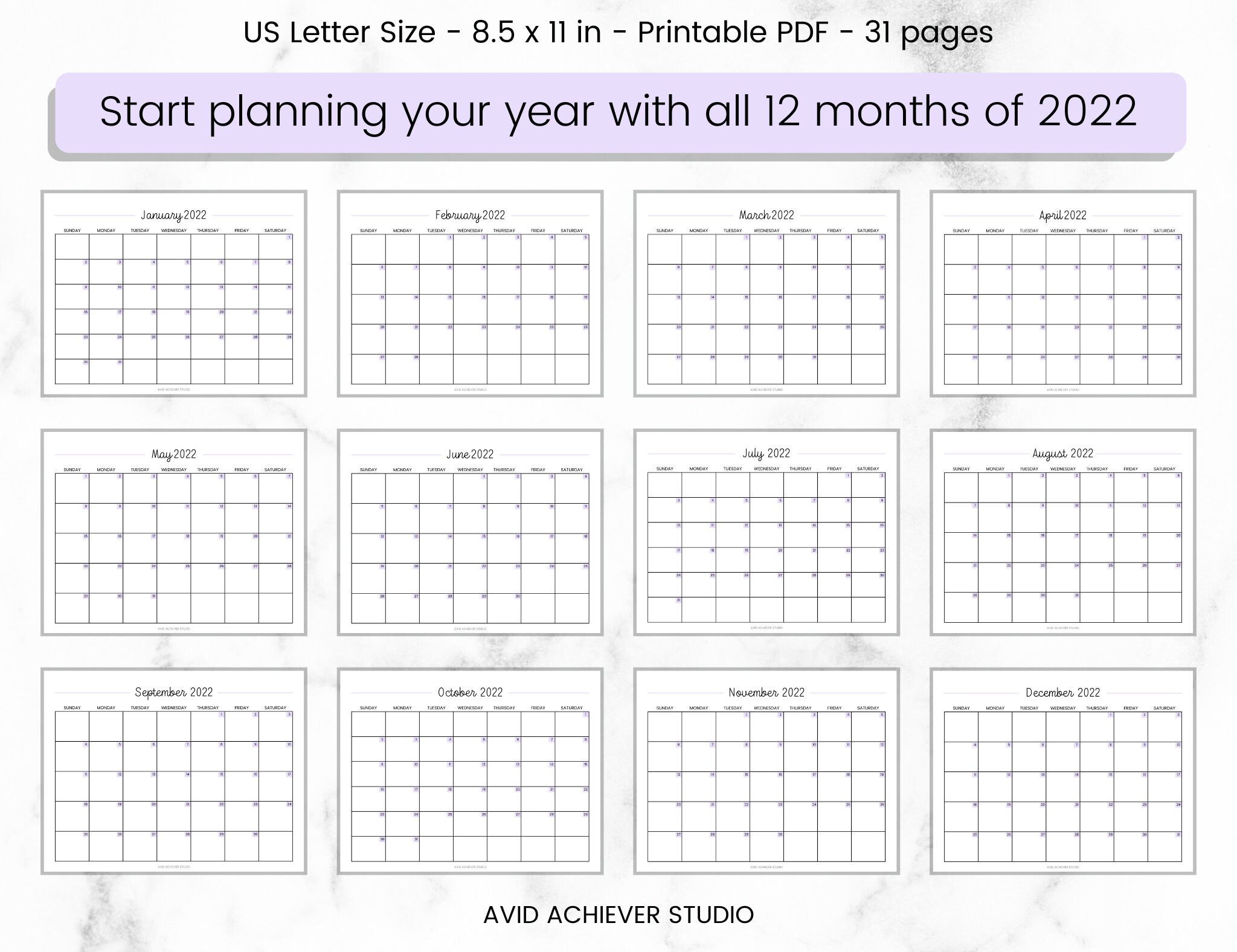 2022 Calendar Printable, Monthly Calendar Landscape, Monthly Overview ...