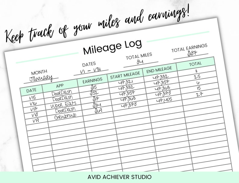 Mileage Log | App Mile Tracker | Printable PDF | Letter | Instant ...