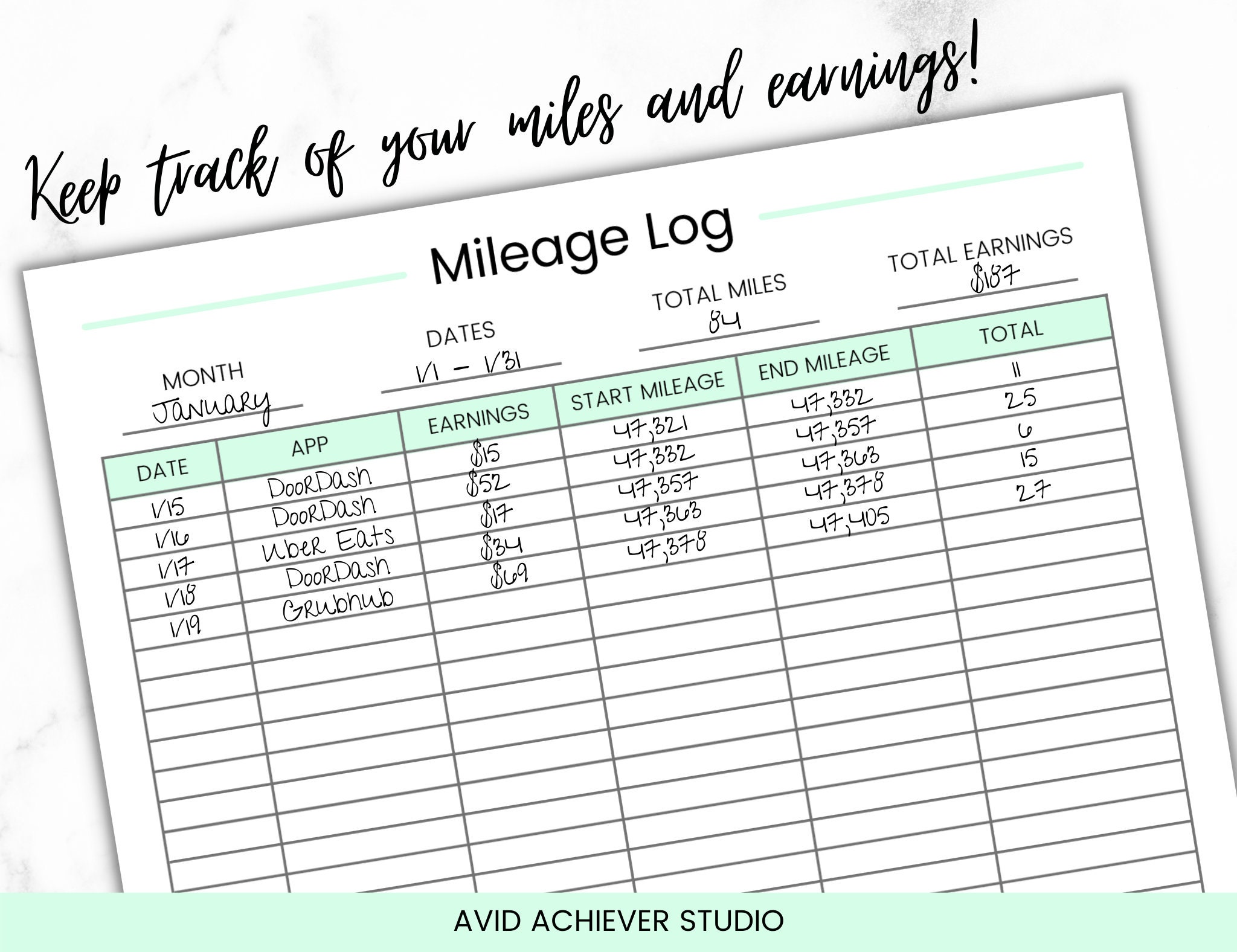 Mileage Log | App Mile Tracker | Printable PDF | Letter | Instant ...