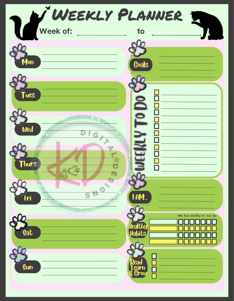 KD Cat Themed Printable Weekly Planner, Weekly Schedule, Digital ...