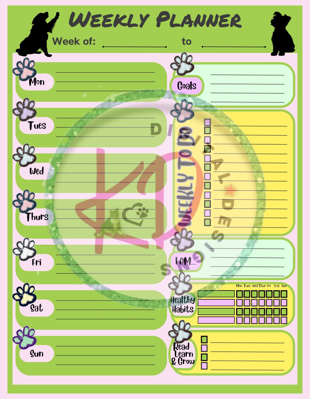 KD Dog Themed Printable Weekly Planner, Digital & Printable Planner ...