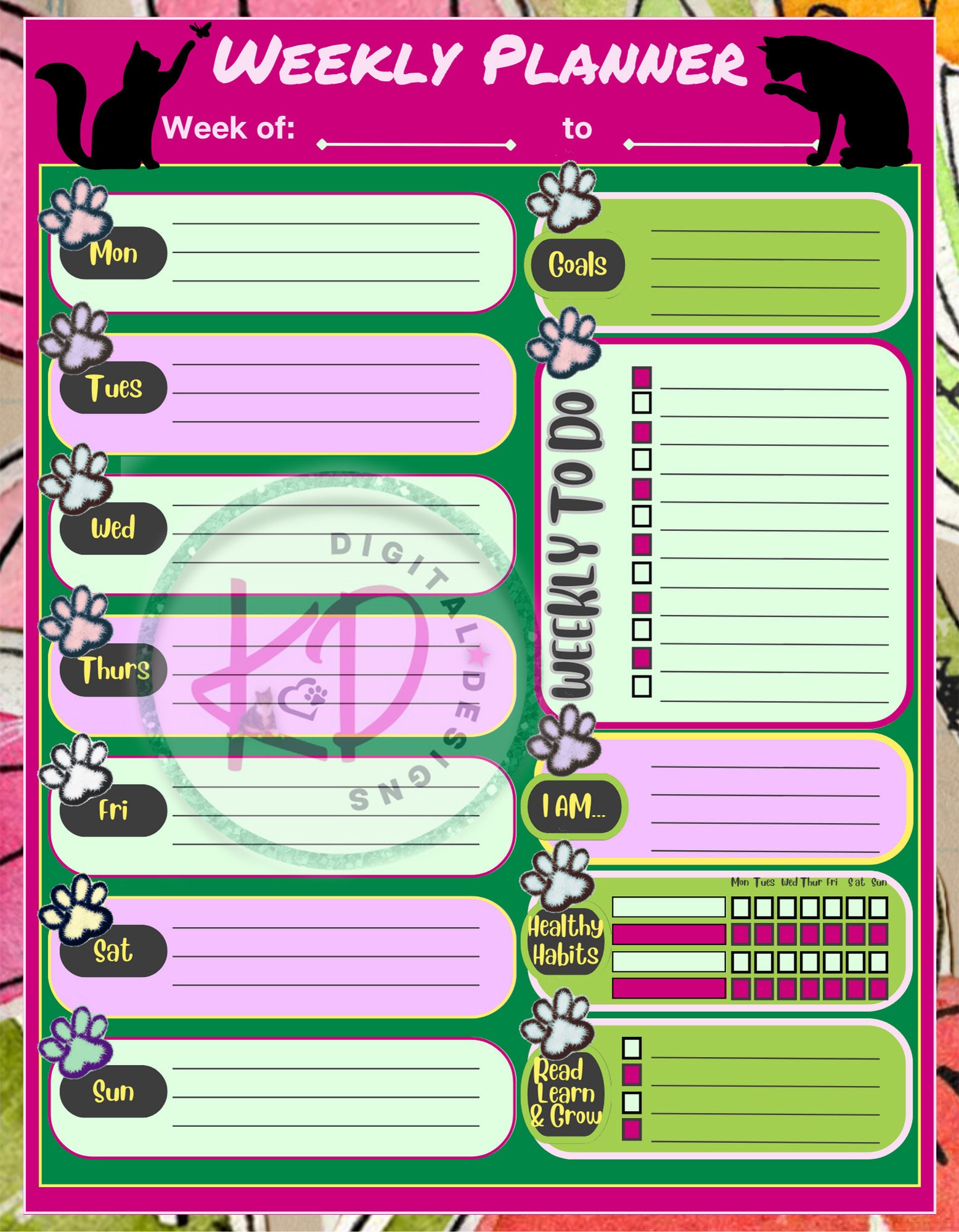 KD Cat Themed Printable Weekly Planner, Weekly Schedule, Digital ...