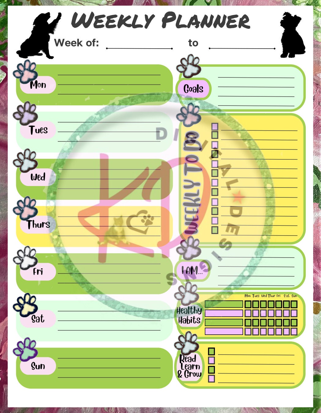 KD Dog Themed Printable Weekly Planner, Digital & Printable Planner ...