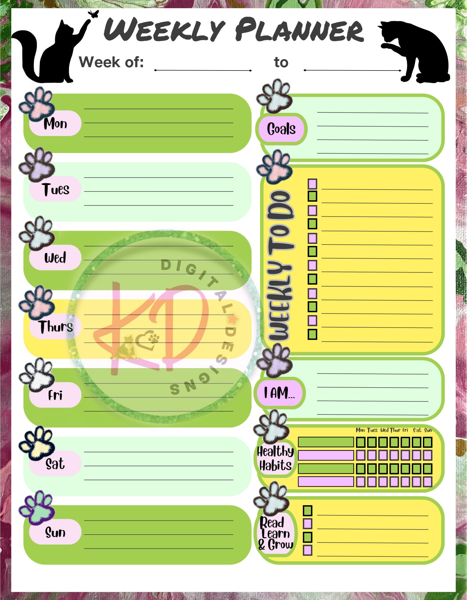 KD Cat Themed Printable Weekly Planner, Weekly Schedule, Digital ...