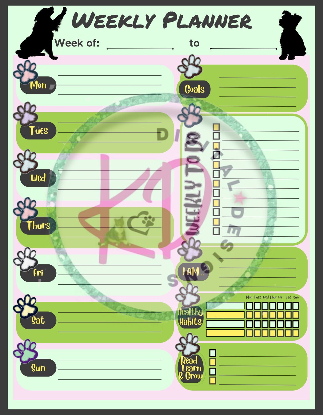 KD Dog Themed Printable Weekly Planner, Digital & Printable Planner ...