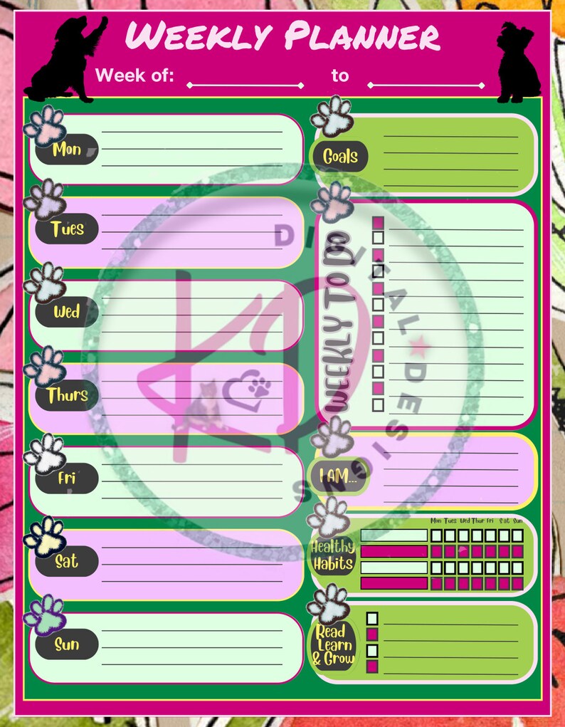 KD Dog Themed Printable Weekly Planner, Digital & Printable Planner ...