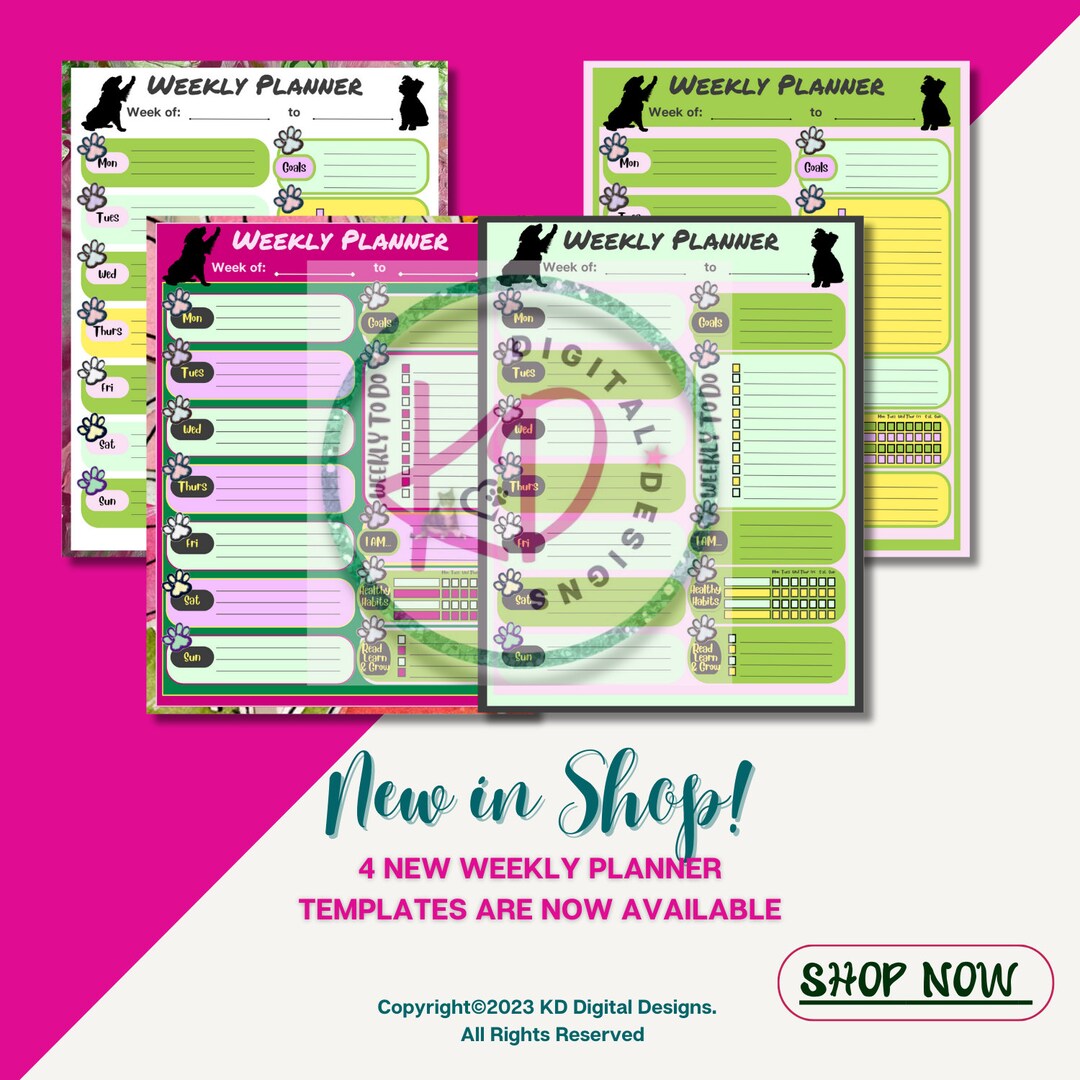 KD Dog Themed Printable Weekly Planner, Digital & Printable Planner ...