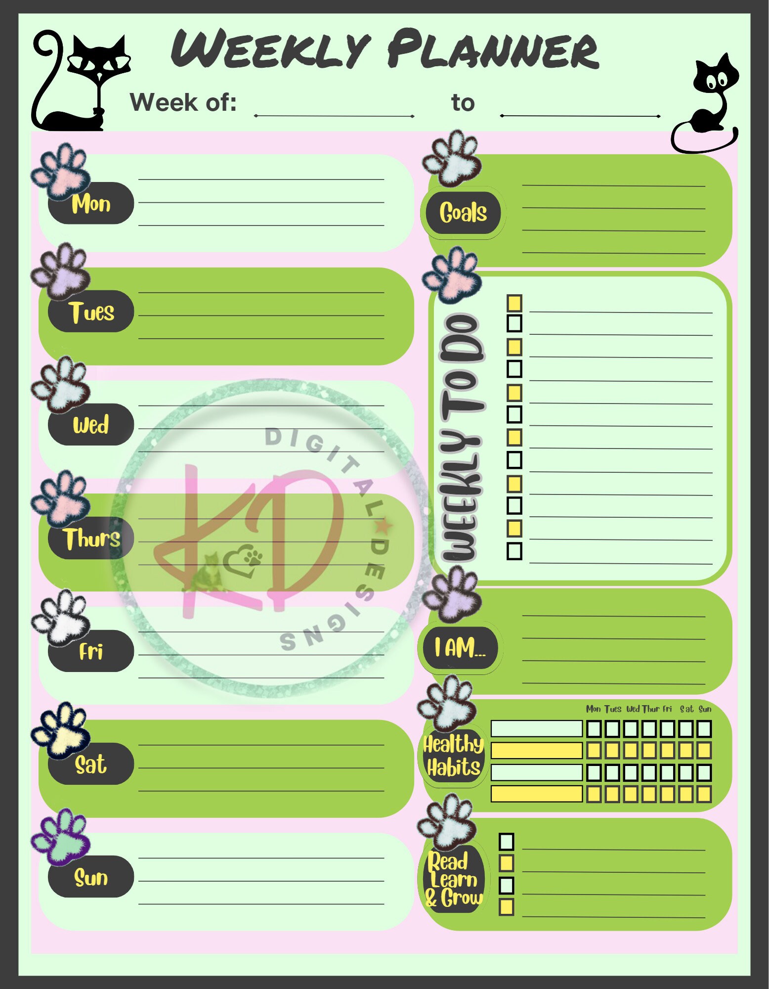 KD Cat Themed Printable Weekly Planner, Weekly Schedule, Digital ...