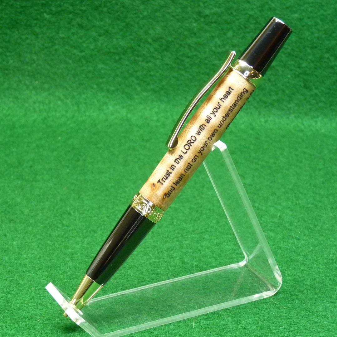Custom Fiddleback Maple Gold Twist Pen With Engraved Christian Bible ...