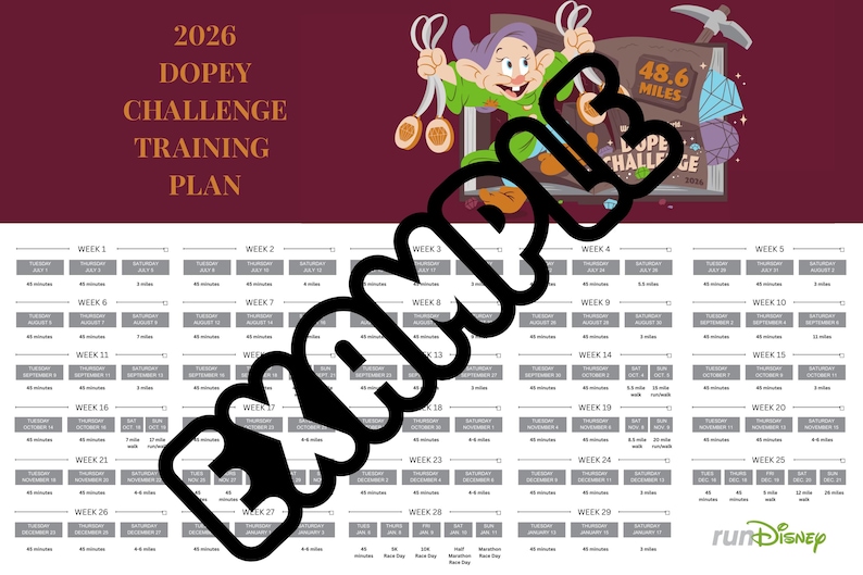 2026 Rundisney Dopey Challenge Galloway Training Calendar WITH DATES ...