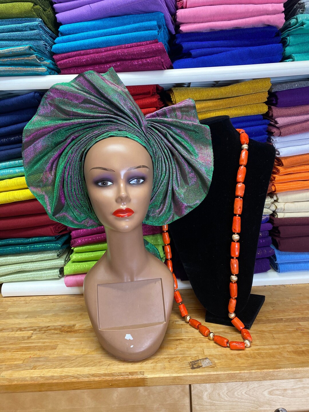 Magneta/emerald Green Metalic Autogele, Africa Gele Headtie, Ready-to ...
