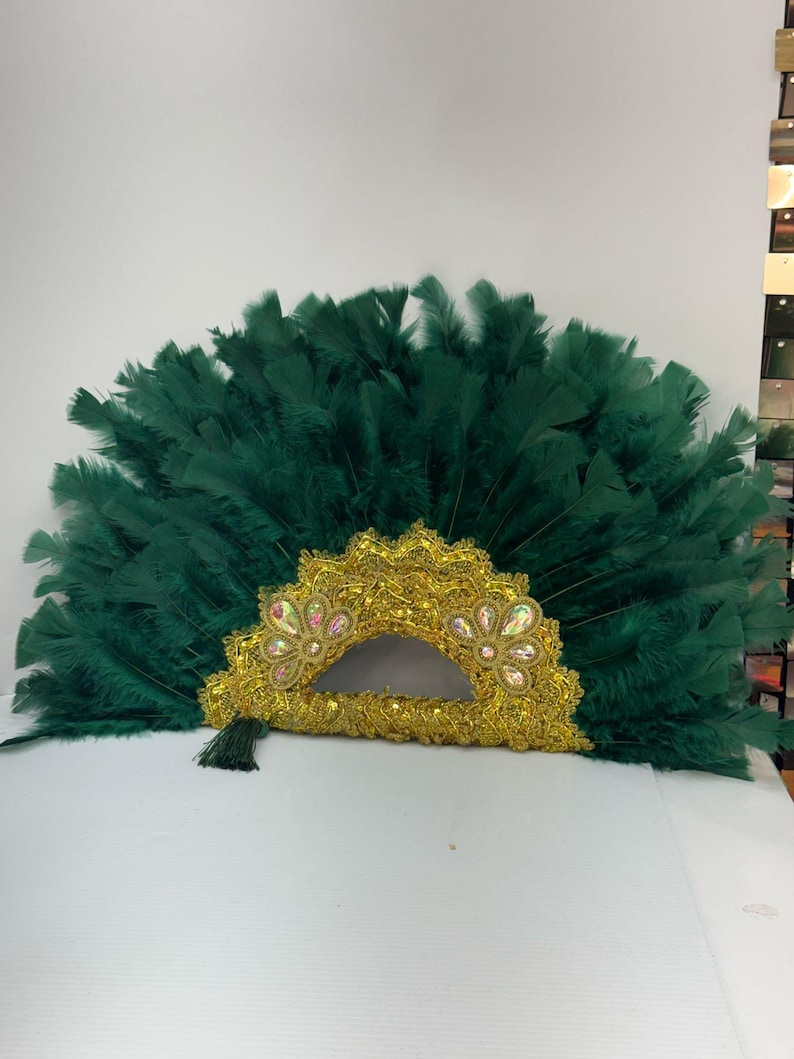 Green Feather Bridal Hand Fan: Gold Lace Wedding Accessory - Etsy