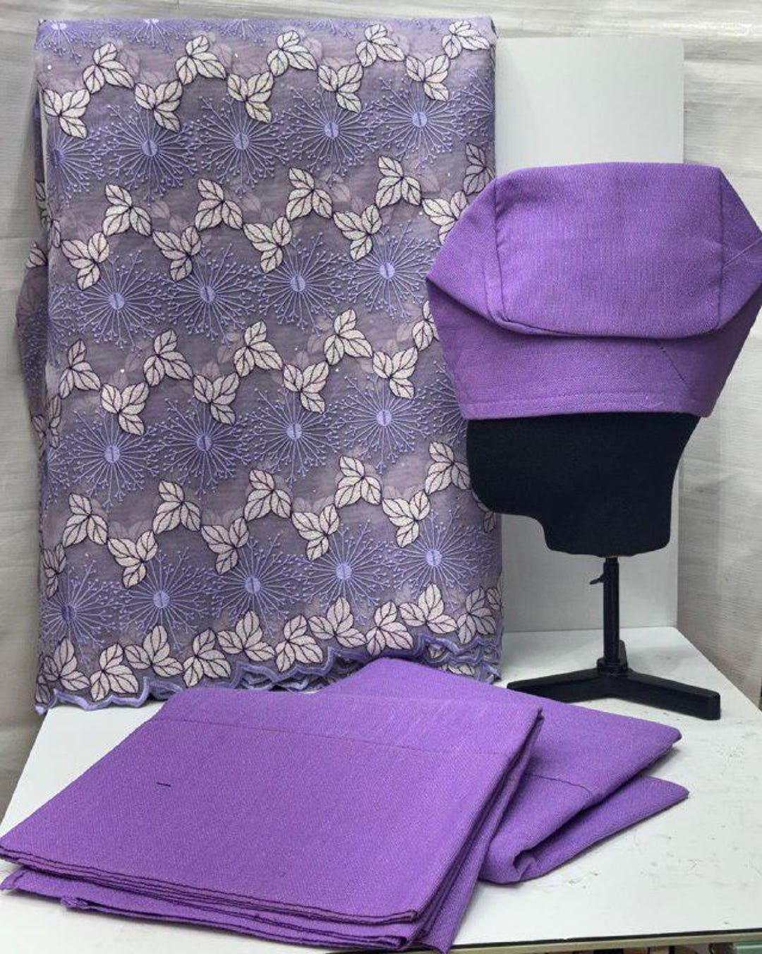 Purple African Lace Fabric Set With Gele: Nigerian Asoebi Wedding Lace ...