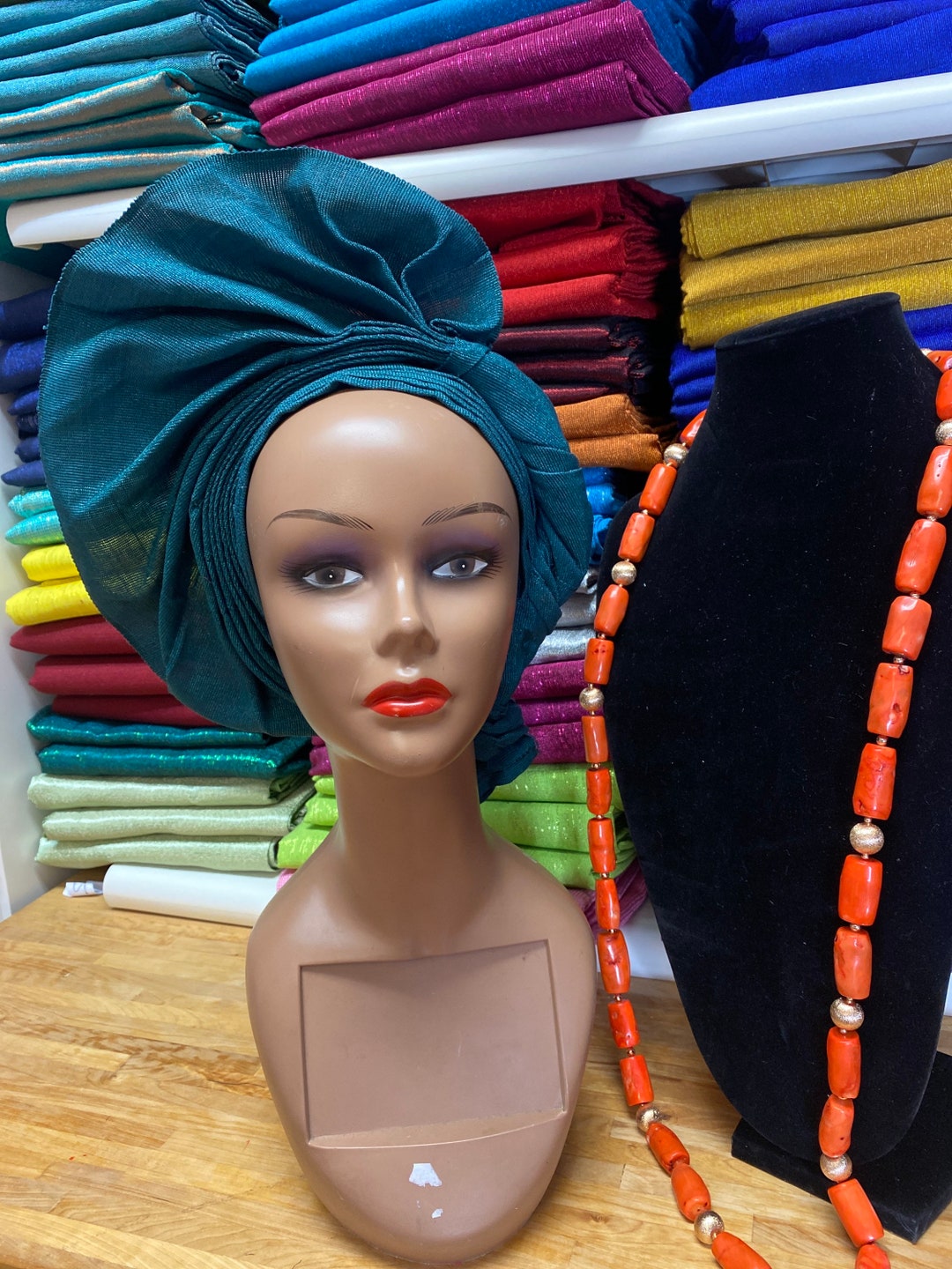 Teal Green Nigeria Autogele, African Gele Head Tie Hat, Aso-oke Fabric ...