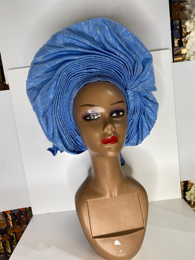 Blue Adjustable Autogele, Asooke Fabric, Ready to Wear Gele Headwrap ...