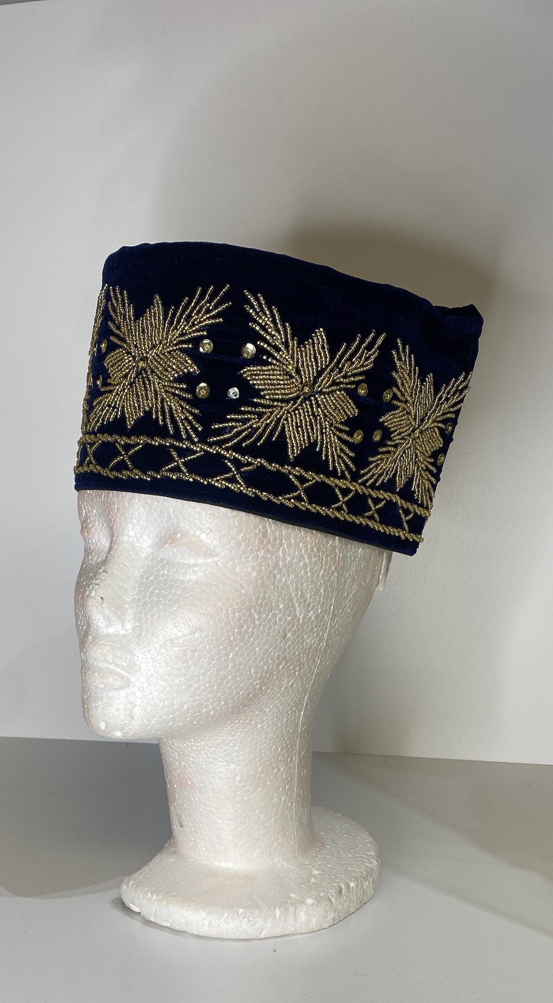 Blue and Gold Stylish Hat, Velvet Suede Hard Hat, Igbo Ozo Cap, African ...
