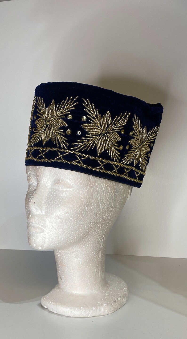 Blue and Gold Stylish Hat, Velvet Suede Hard Hat, Igbo Ozo Cap, African Royal Mens Cap, Igwe ...