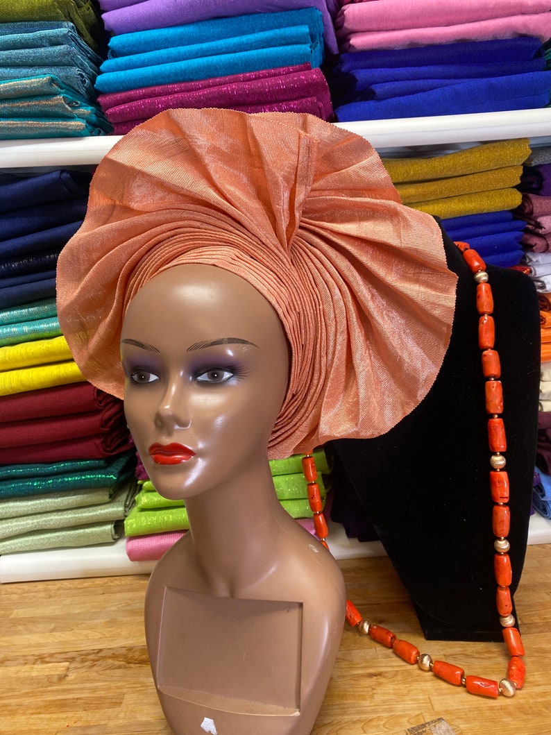 Peach African Gele, Classy Asoebi Headtie, Asooke Fabric, Gele Headwrap ...