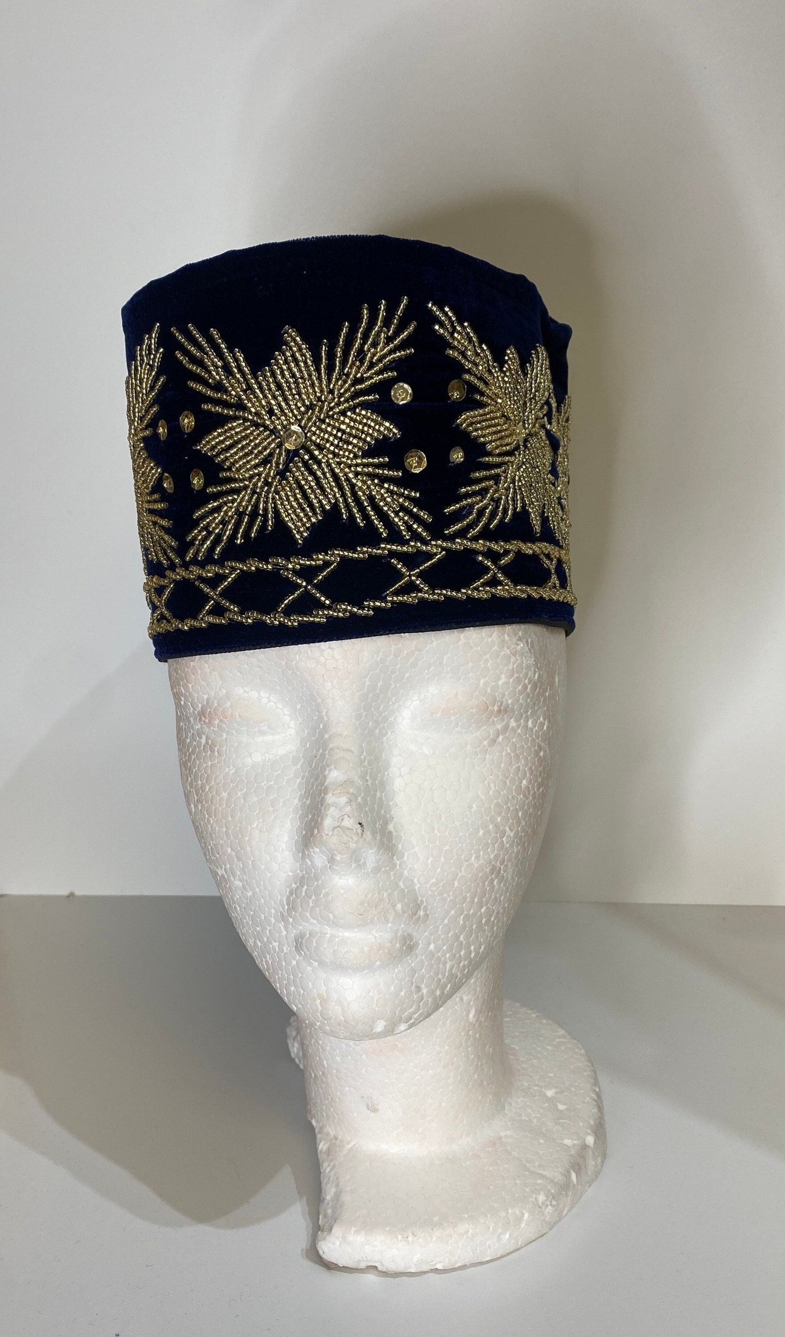 Blue and Gold Stylish Hat, Velvet Suede Hard Hat, Igbo Ozo Cap, African ...