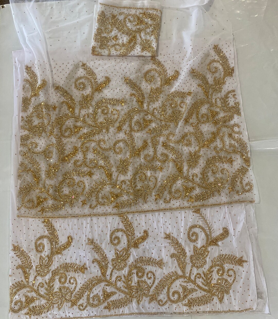 White and Gold George Fabric Material Beaded With Gold 2.5 Net + 2.5 ...
