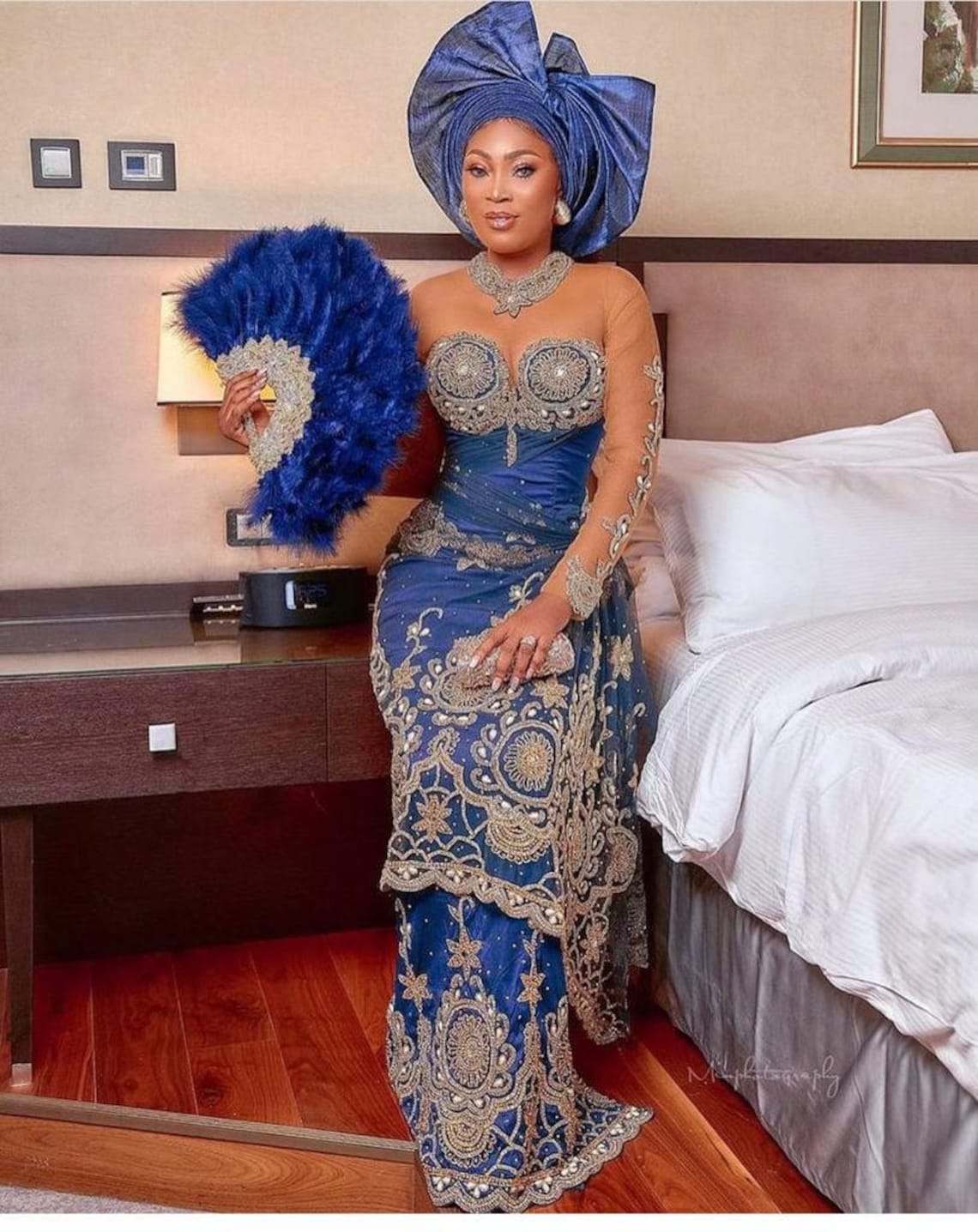 Royal Blue & Gold Asoebi Lace Gown With Gele: Nigerian Wedding Outfit ...