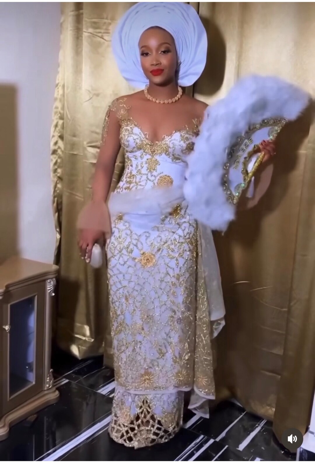 Beaded Igbo Wedding Fabric: White & Gold Georgette Lace, Hand Appliqué ...