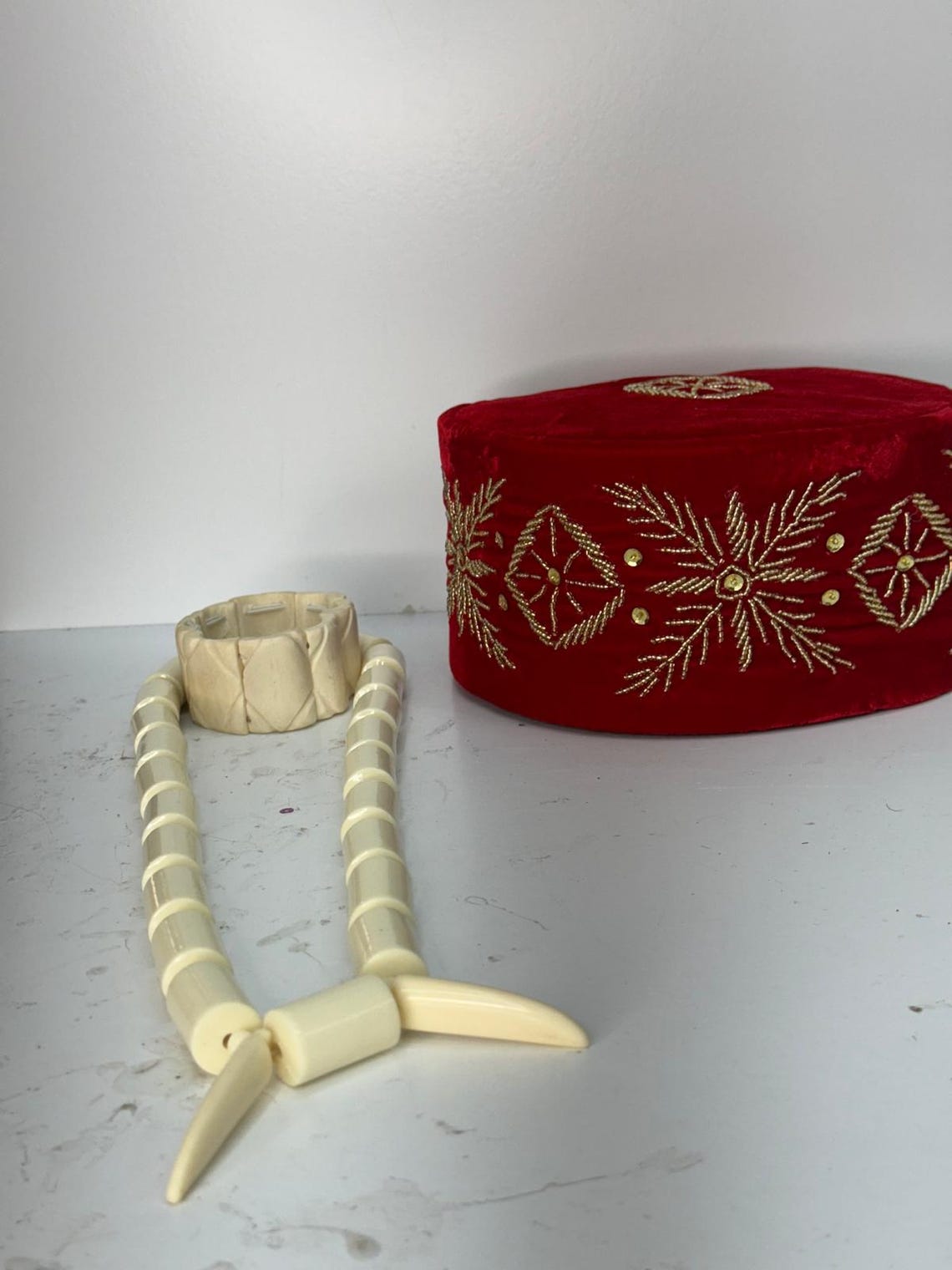 Igbo Men's Traditional Set: Bone Bracelet, Isi Agu Top, Hand Fan, Red ...