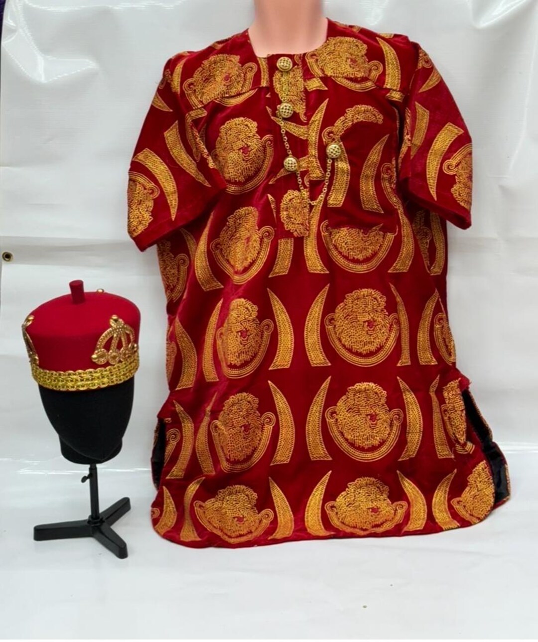 Royal Red Blue Matching Isiagu Fabric, Isi Agu Men's Top With Igwe Cap ...